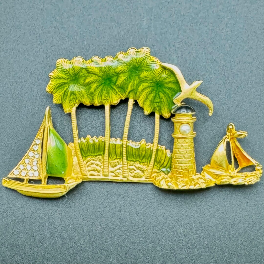 Tropical Waterfront Brooch, Enamel Rhinestone Pin,palm Trees ...