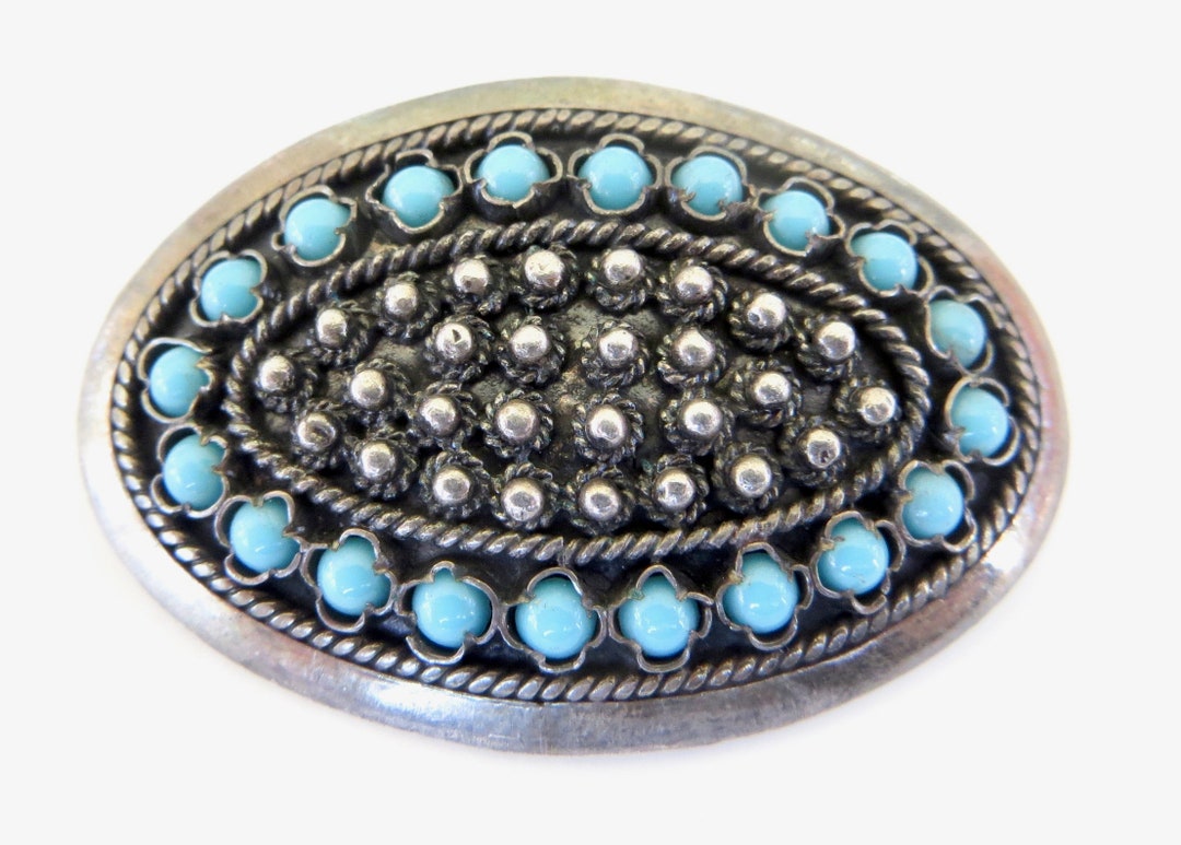Vintage Zuni Snake Eyes Brooch, 1000 Silver & Turquoise, Petit Point ...