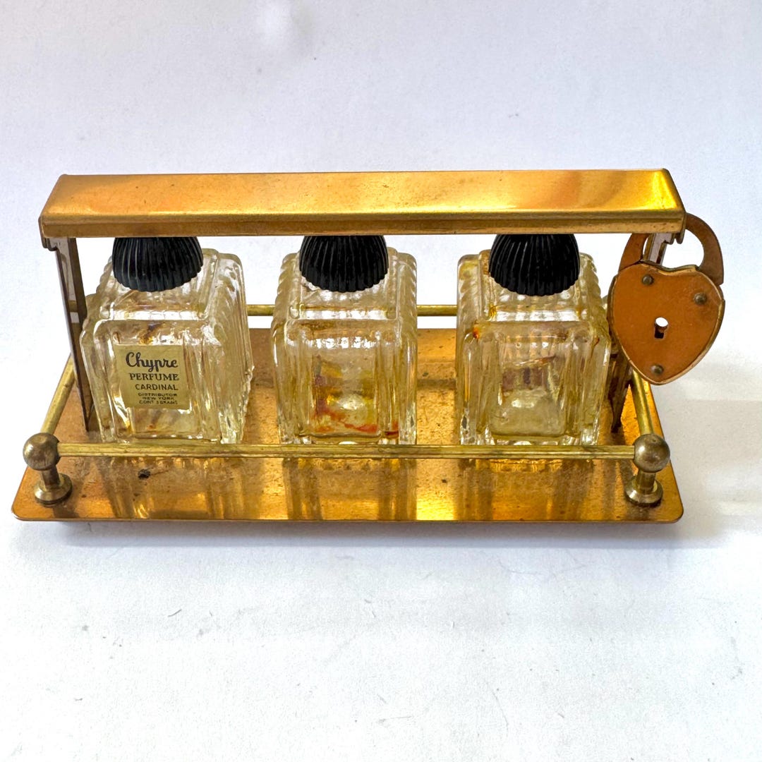 Mid Century Perfume Caddy, Three Perfume Bottles, Heart Padlock ...