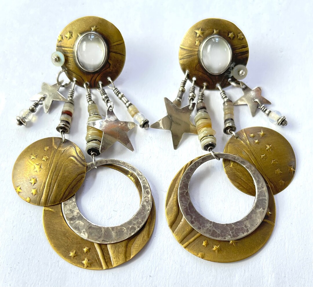 Unsigned Tabra Celestial Moonstone Earrings, Boho Heishi Beads, Dangle ...