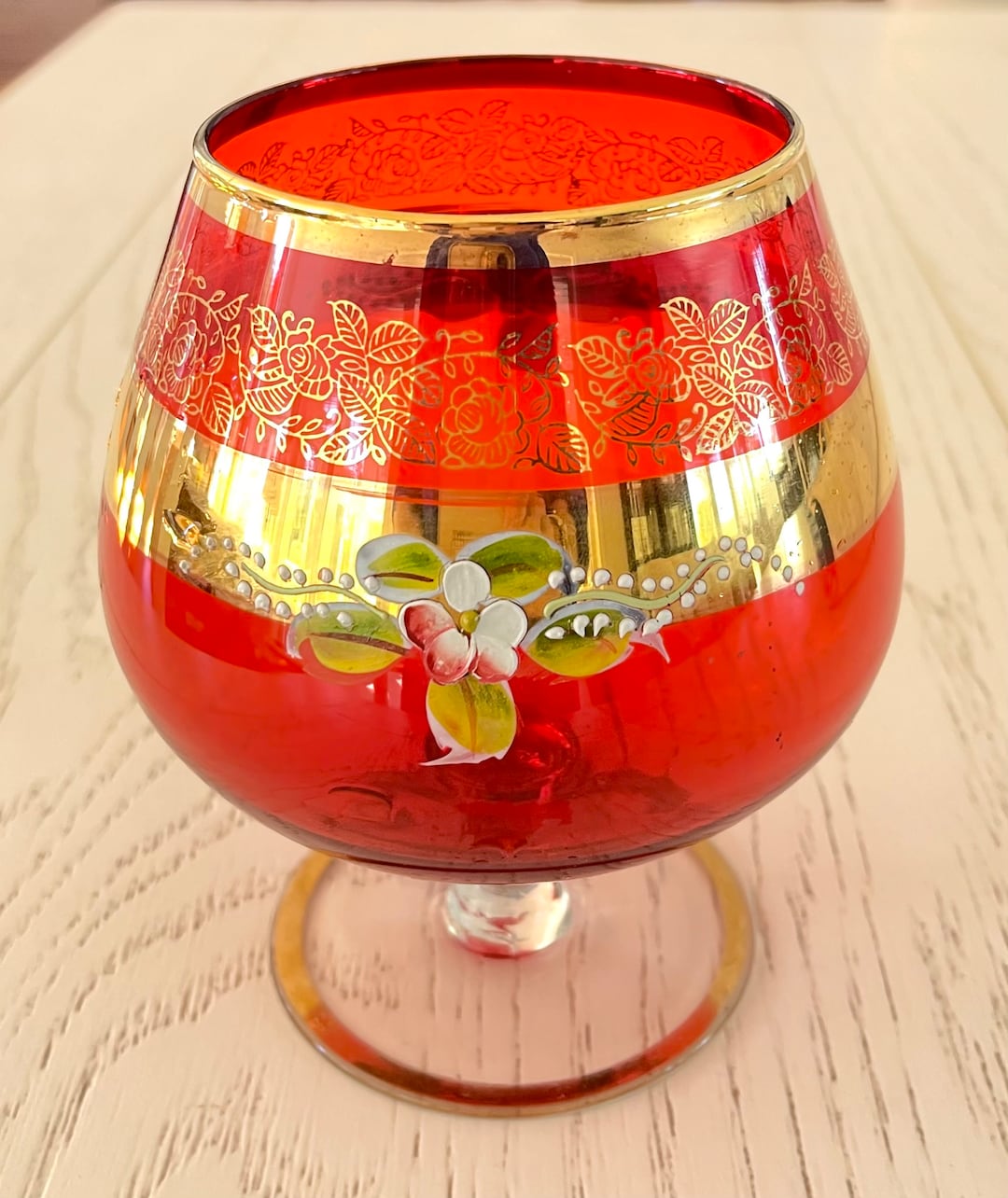 Murano Glass Ruby Red Brandy Snifter With 24K Gold Overlay, Hand ...