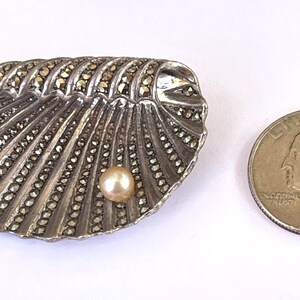 Art Deco Shell Brooch, Sterling Silver Marcasite Shell With Faux Pearl ...