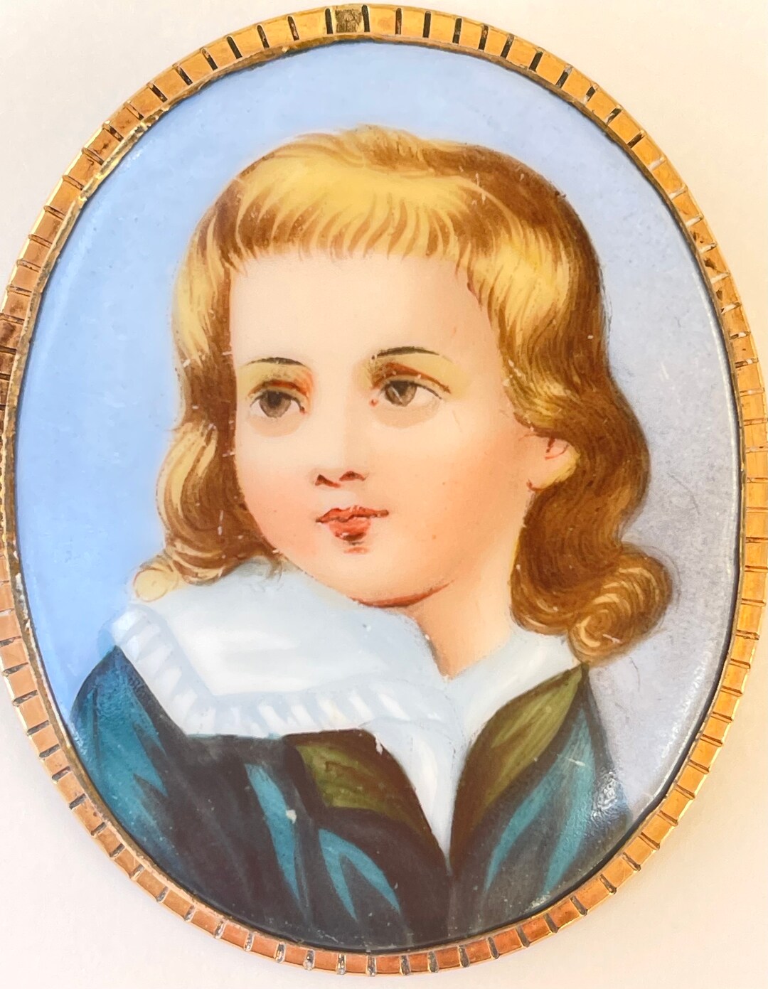 Antique Victorian Portrait Brooch, Hand Painted Cameo Pin, Young Boy ...