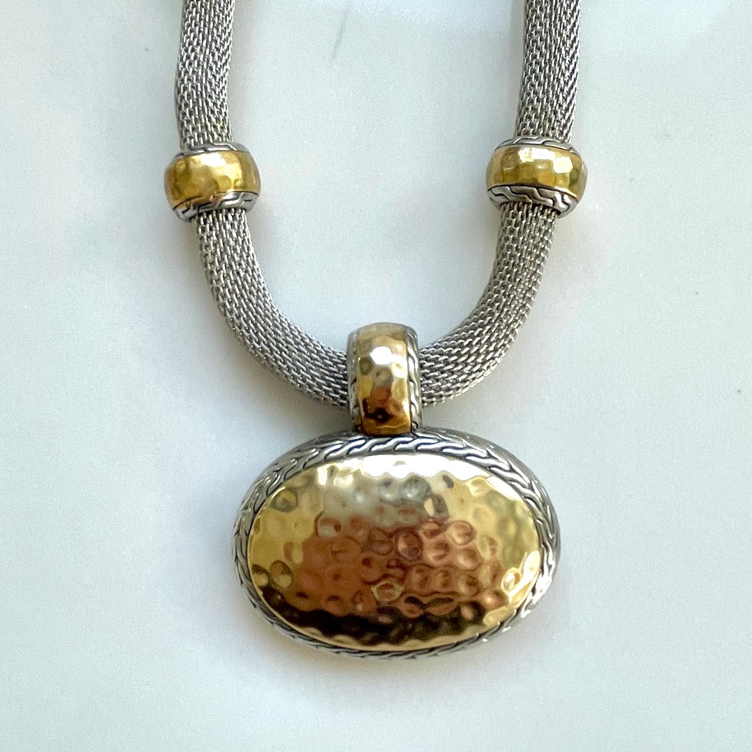 Mesh Choker Necklace, Silver & Hammered Gold Pendant, 17 Inch Necklace ...