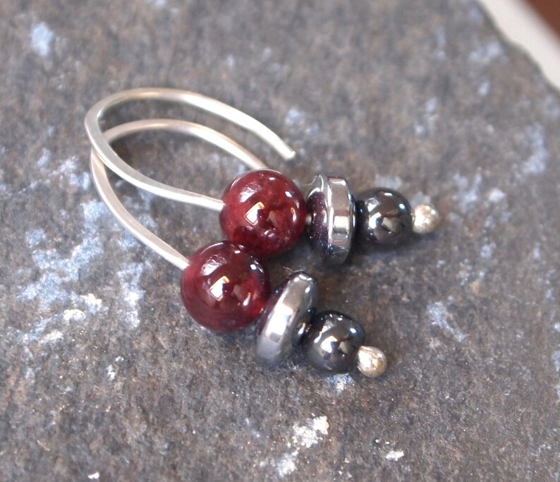 Garnet Drop Earrings Silver Garnet And Hematite Bead Etsy