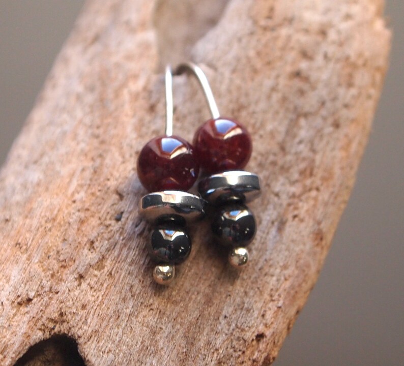 Garnet Drop Earrings Silver Garnet And Hematite Bead Etsy
