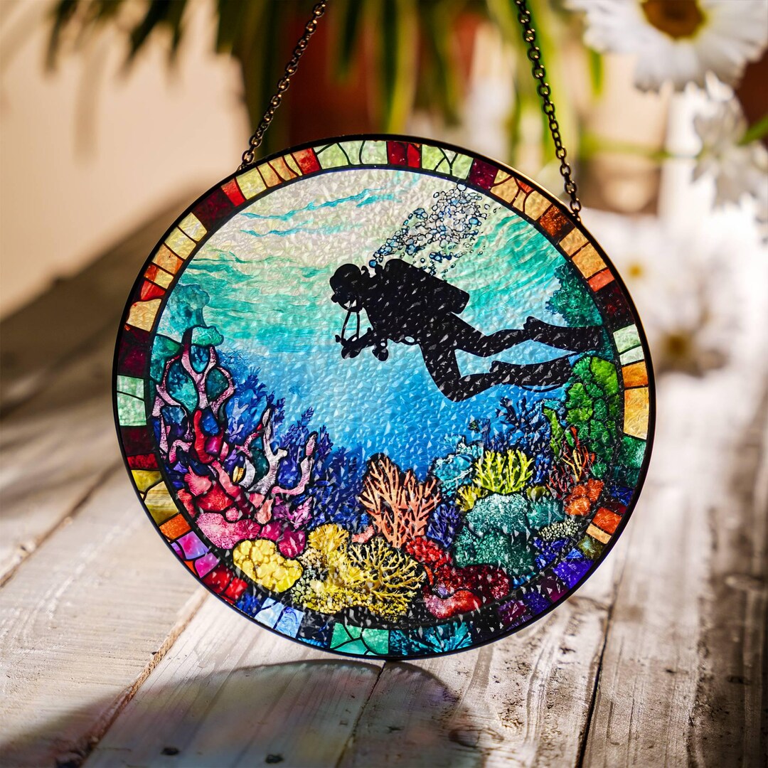 Scuba Diving Gift Stained Glass Suncatcher Scuba Diver Gifts Light ...