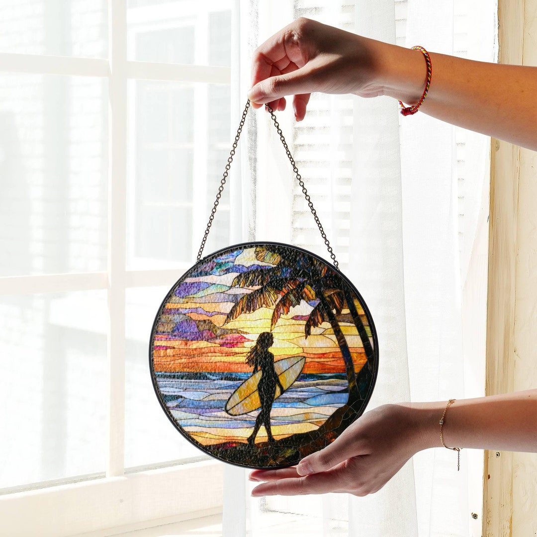 Surfing Suncatcher Stained Glass Surf Light Catcher Surfer Beach Sunset ...