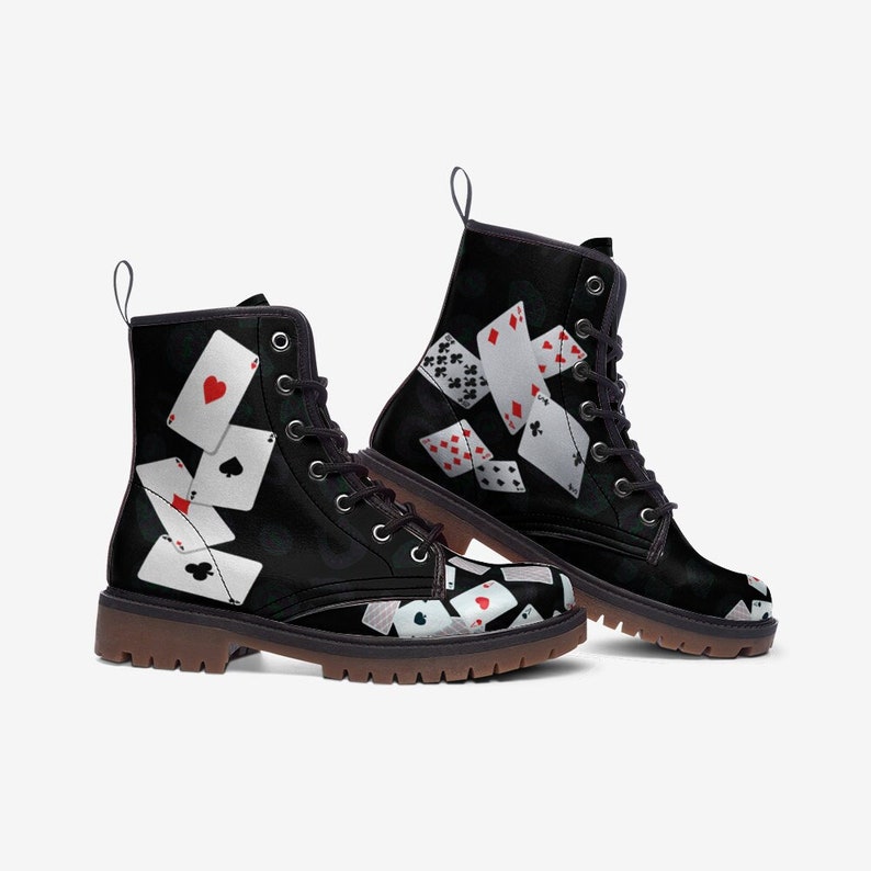 Poker Deck of Cards Boots Vegan Leather Lace up Black Combat Boots Ace ...