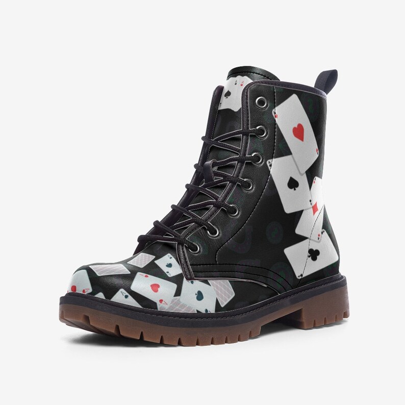 Poker Deck of Cards Boots Vegan Leather Lace up Black Combat Boots Ace ...