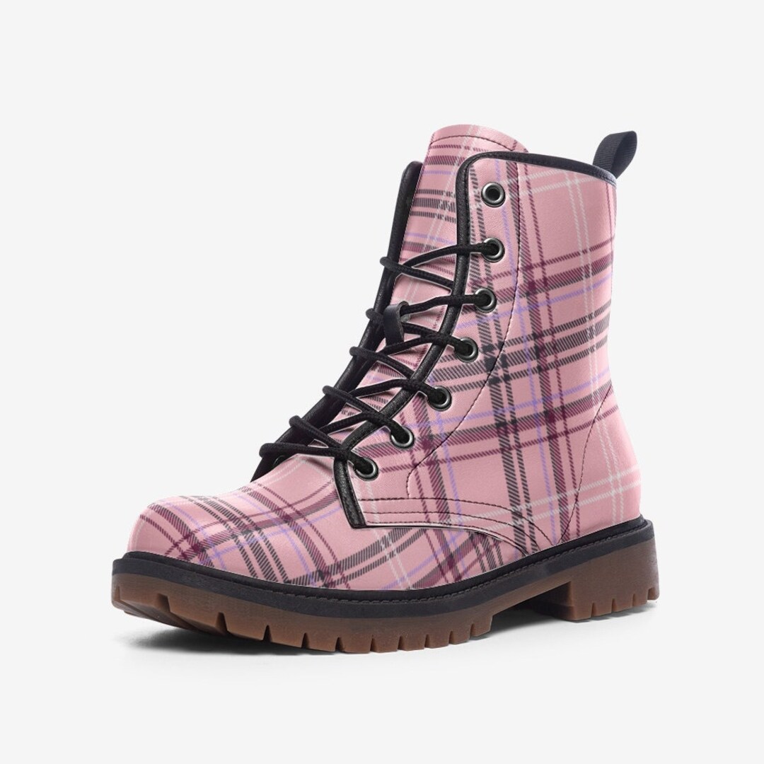 Pink Scottish Boots Pink and Black Tartan Scottish Combat Boots Vegan Leather Lace up Plaid ...