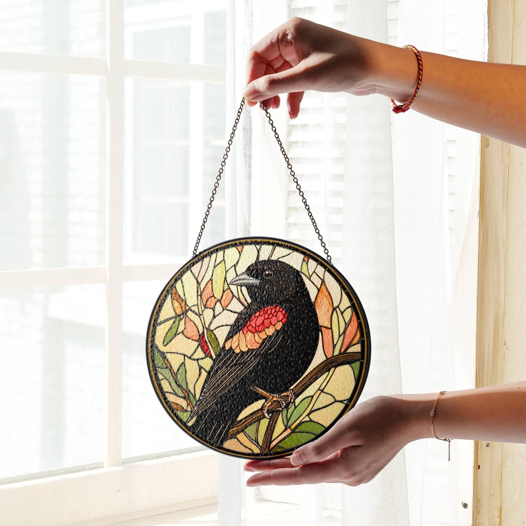 Red Winged Blackbird Suncatcher: Stained Glass Bird Window Hanging - Etsy