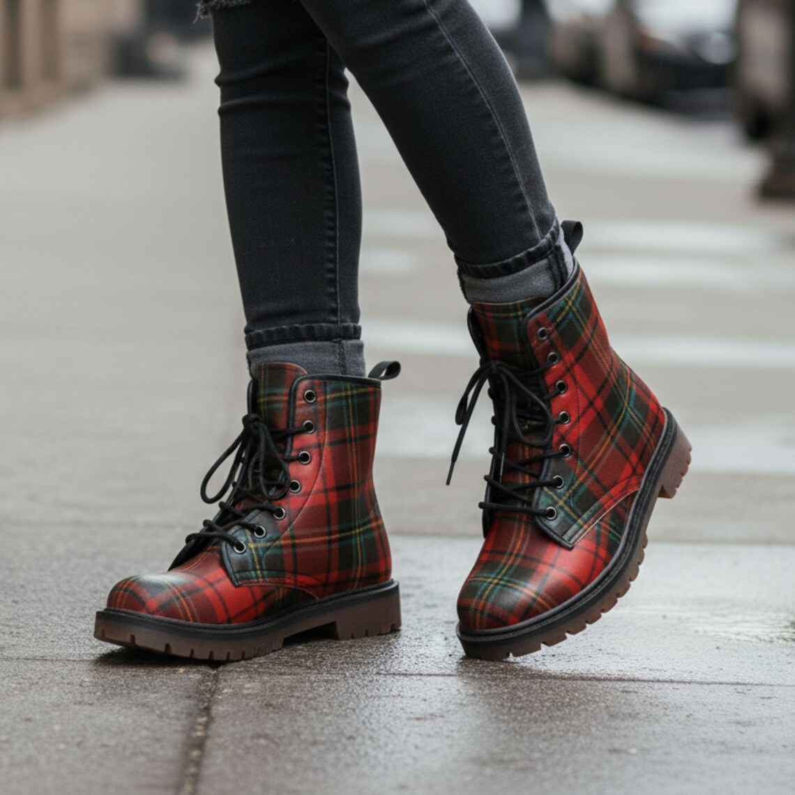 Red Tartan Vegan Leather Combat Boots: Plaid Scottish Clan Style - Etsy