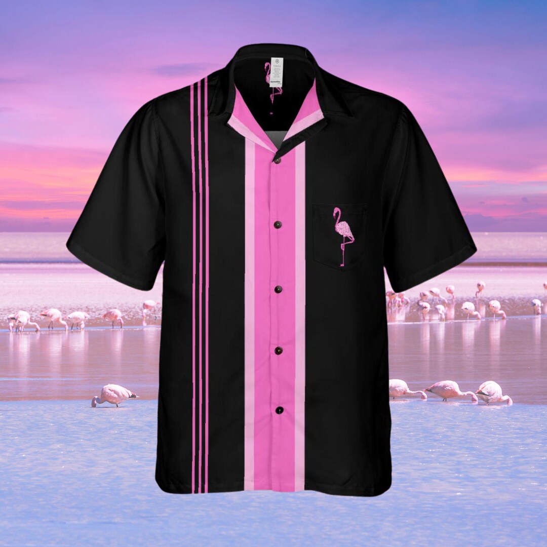 Flamingo Button Down Shirt With Pocket, Black and Pink Short-sleeve ...