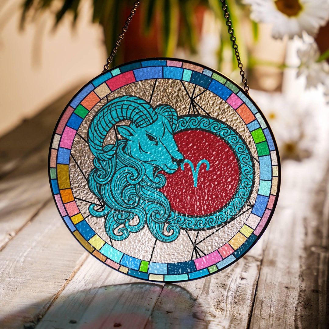 Aries Stained Glass Zodiac Suncatcher Lightcatcher Aries Window Hanging ...