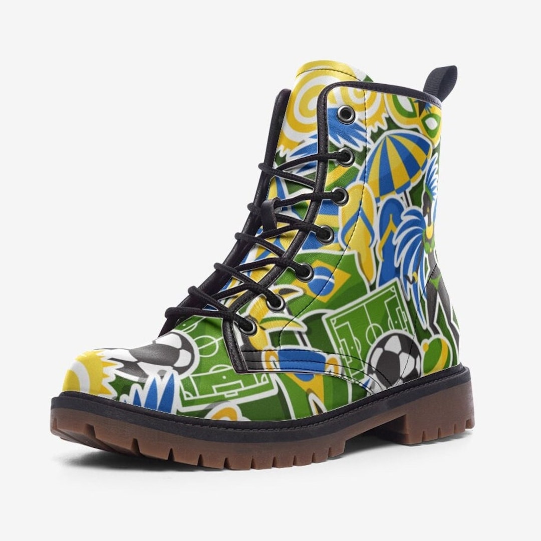 Brazilian Flag Boots Brazil Print Boots Green Yellow Vegan Leather Lace ...