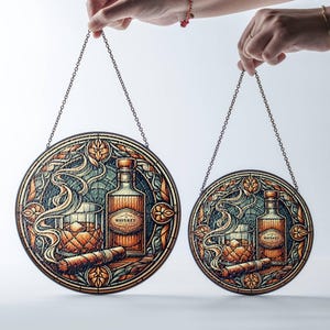 Whiskey & Cigar Stained Glass Suncatcher Whisky Window Hanging Home ...