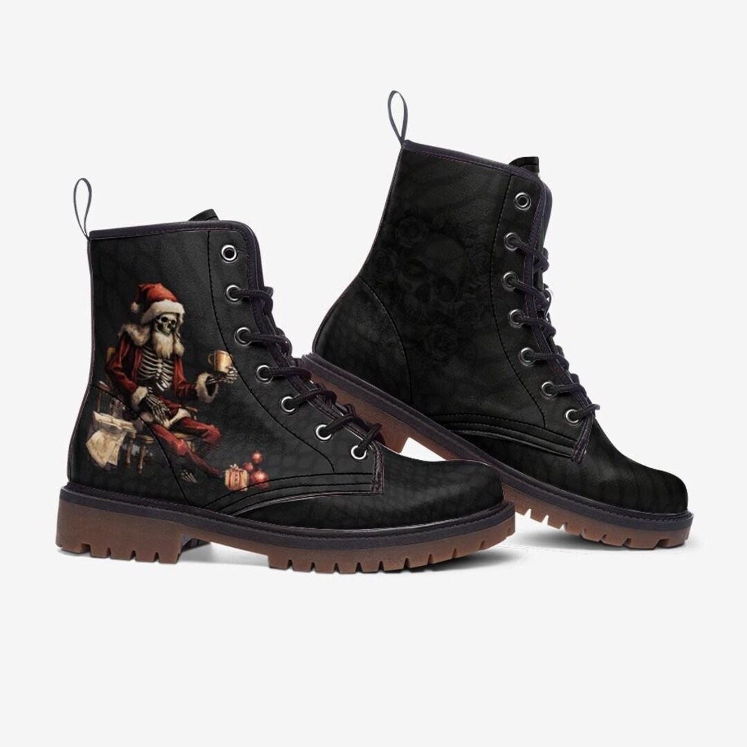 Christmas Boots, Christmas Skeleton Boots Black Vegan Leather Lace up ...