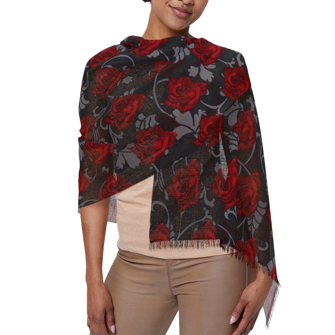 Red on Black Red Roses Scarf Flower Scarf Rave Pashmina - Etsy