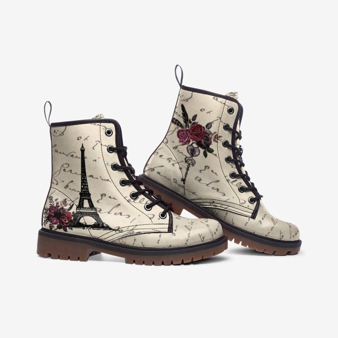 French Victorian Boots, Paris Eiffel Tower Boots Vegan Leather Combat ...