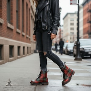 Red Scottish Clan Tartan Style Boots Vegan Leather Lace up Combat Boots ...