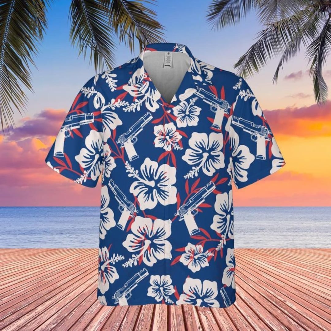 Gun Hawaiian Shirt, Gun Shirt Blue Short-sleeve Button up Shirt ...