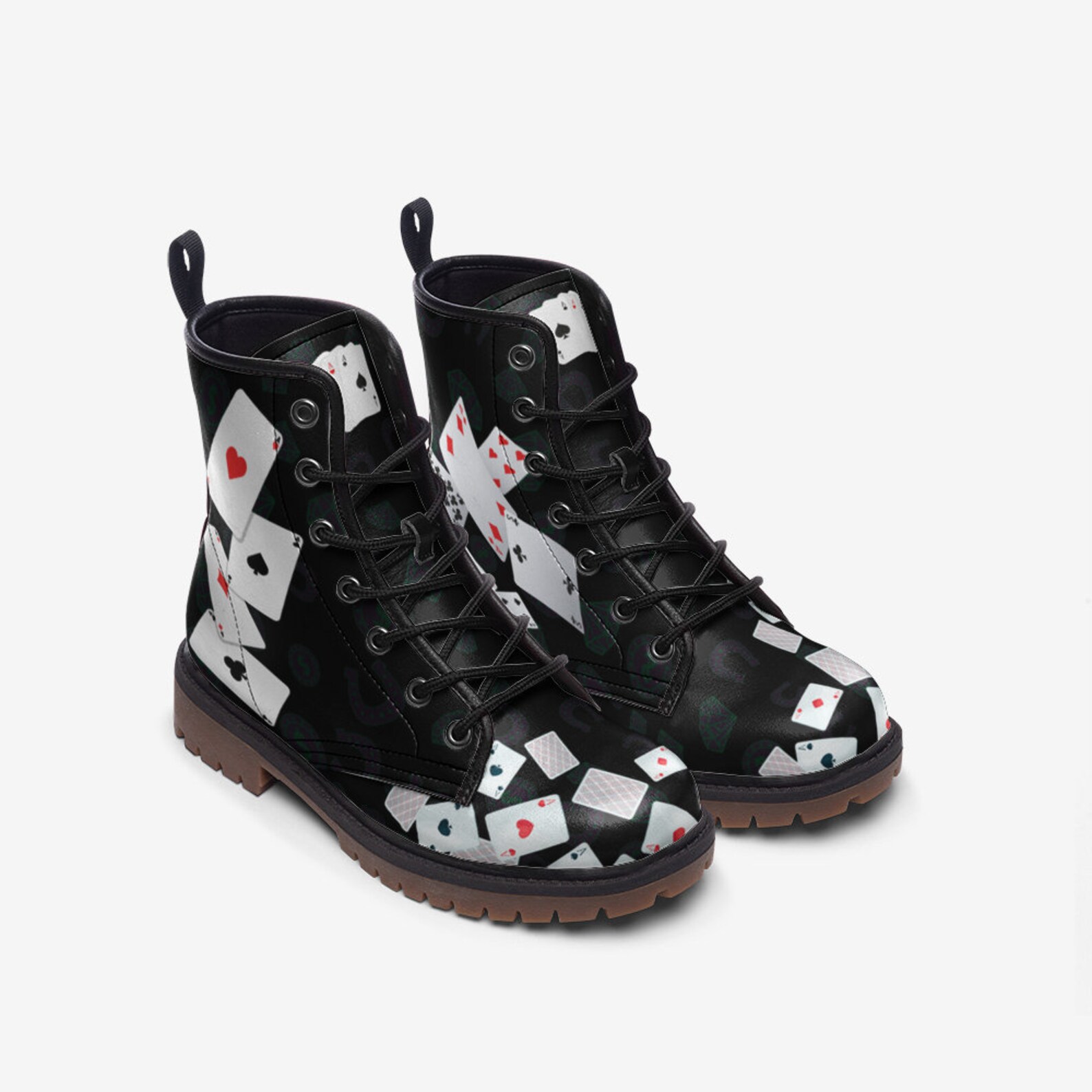 Poker Deck of Cards Boots Vegan Leather Lace up Black Combat Boots Ace ...