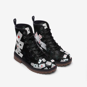Poker Deck of Cards Boots Vegan Leather Lace up Black Combat Boots Ace ...
