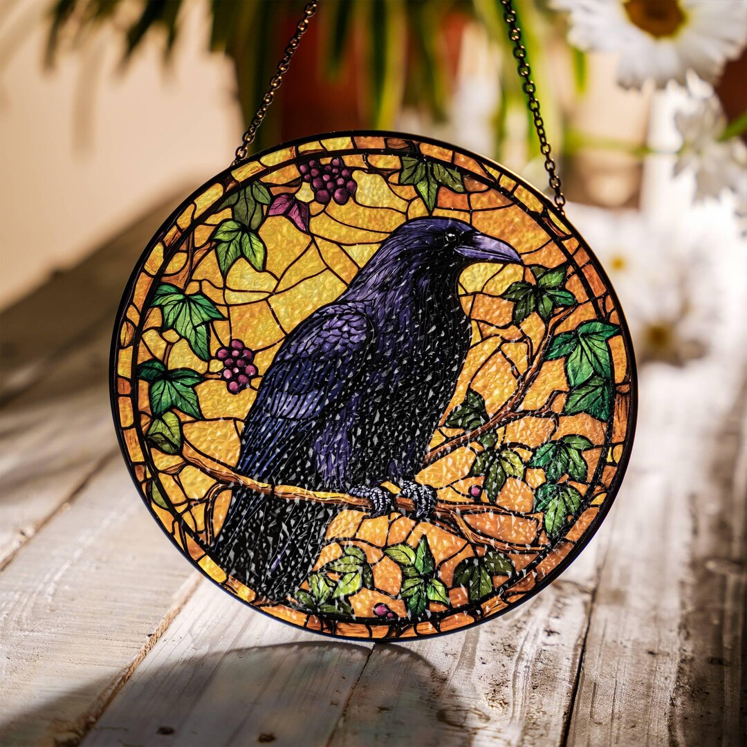 Raven Stained Glass Suncatcher Crow Lightcatcher Bird Window Hanging ...