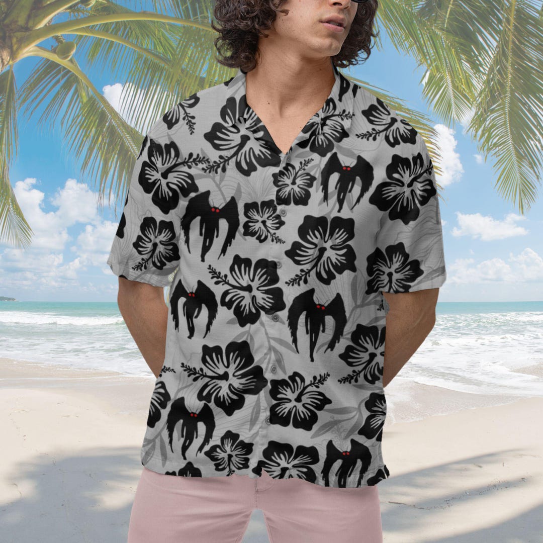 Mothman Hawaiian Shirt, Mothman Shirt Cryptid Black Short-sleeve Button ...