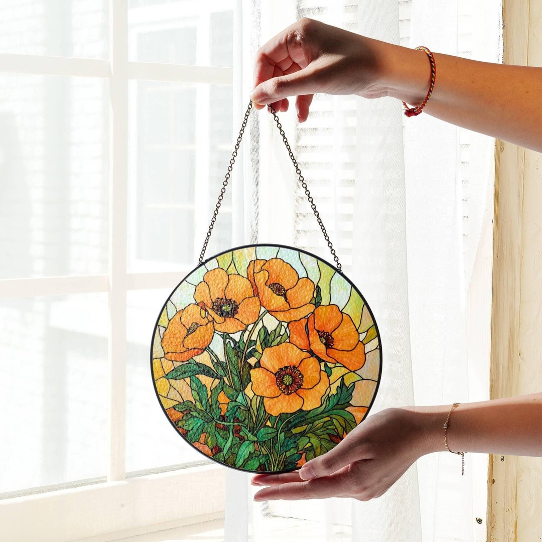 California Poppy Stained Glass Suncatcher: Floral Window Hanging - Etsy