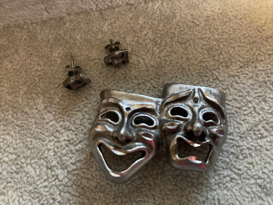 Vintage Pewter-tone Comedy Tragedy Mask Brooch & Pierced Earring Set ...