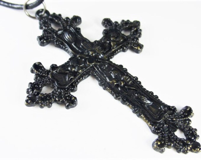 Large Victorian Gothic Style Black Cross Necklace on 18" Black Leather ...