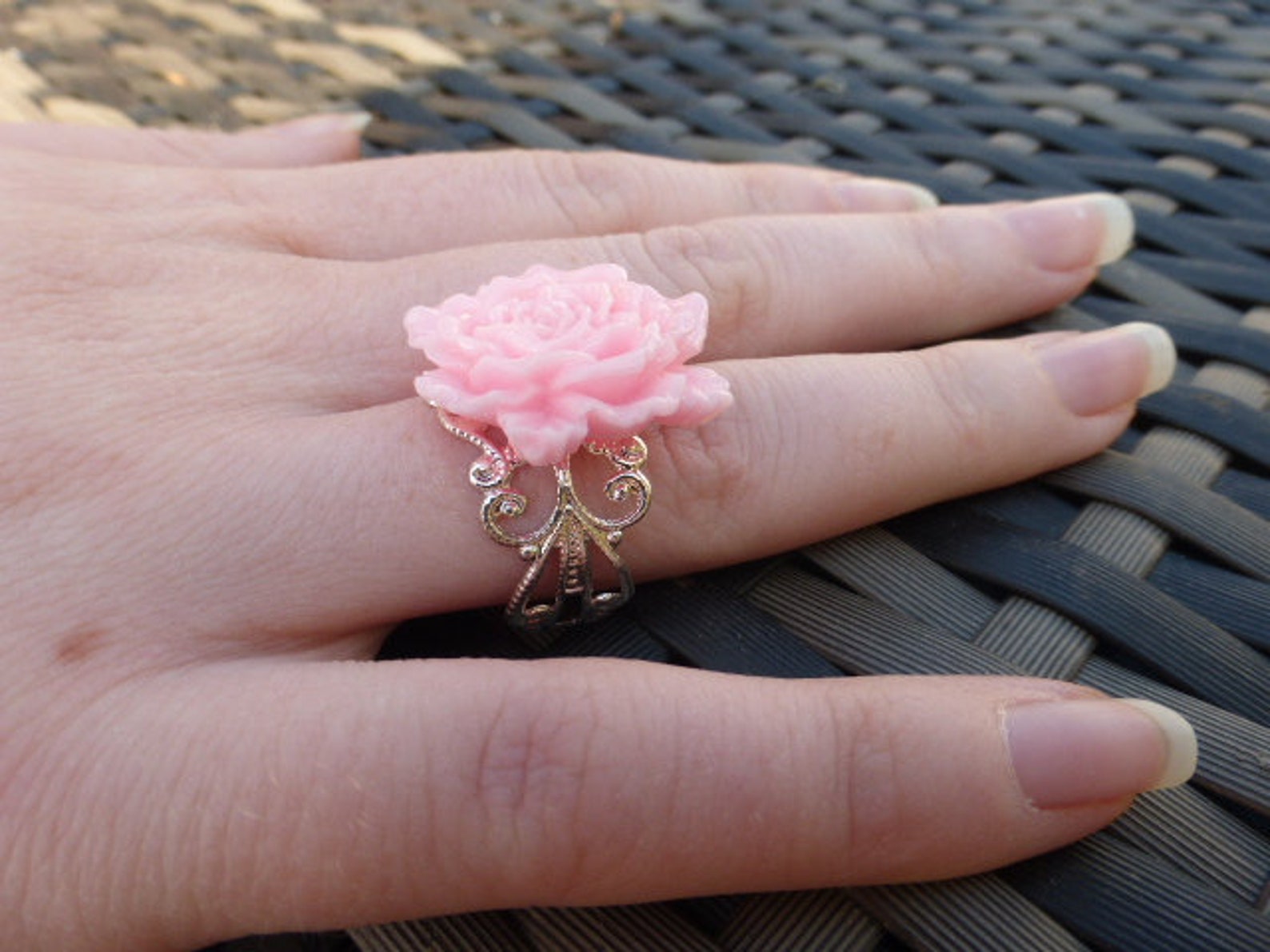 Beautiful Large Rose Carnation Flower Adjustable Brass Filigree Ring ...