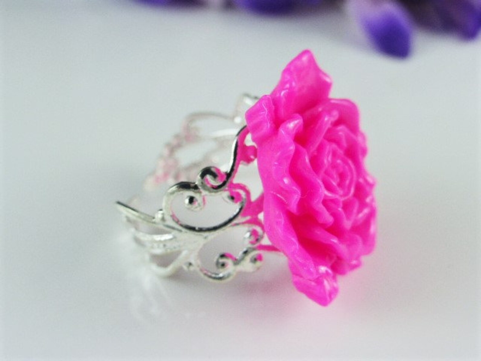 Beautiful Large Rose Carnation Flower Adjustable Brass Filigree Ring ...