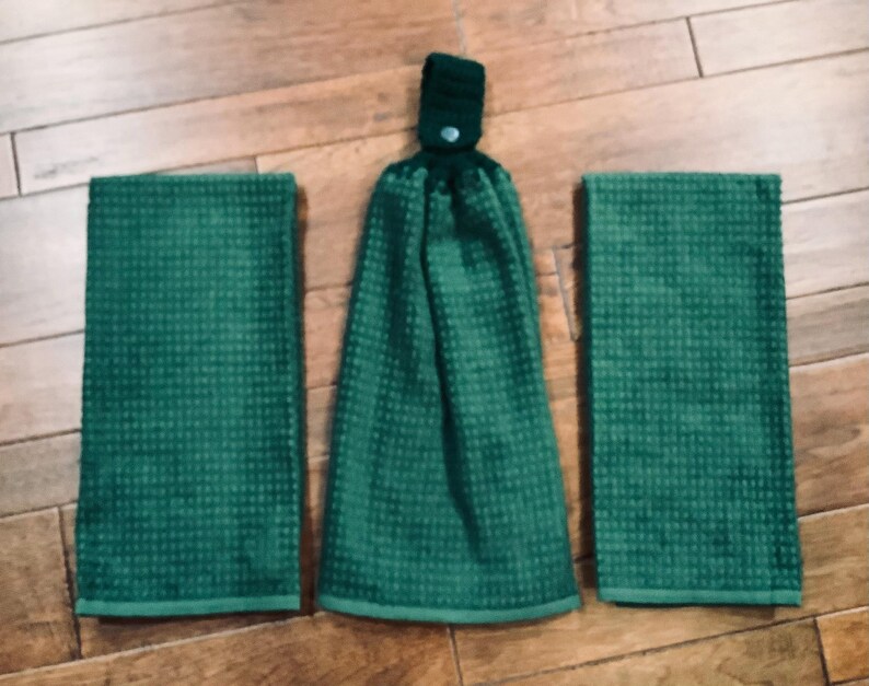 Set Double Green Kitchen Towel Heavy Cotton Squares Crocheted Green Top ...