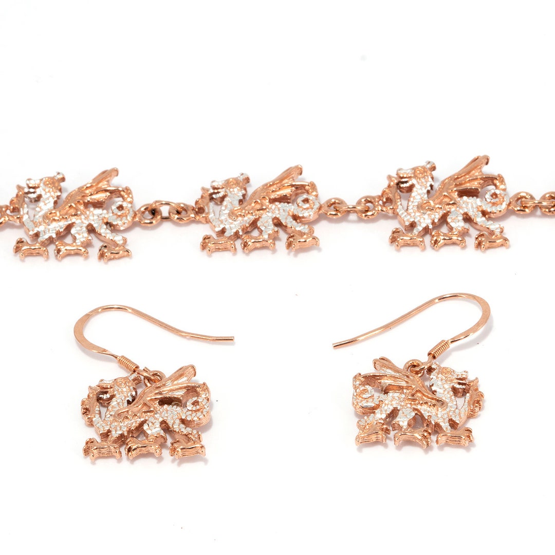 Welsh Dragon Bracelet and Earrings in Sterling Silver and Rose Gold. - Etsy