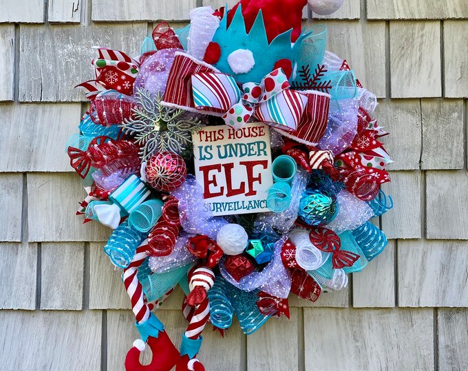 Elf Wreath, Christmas Wreath, Red White Aqua Ribbon, Elf Sign, Naughty ...