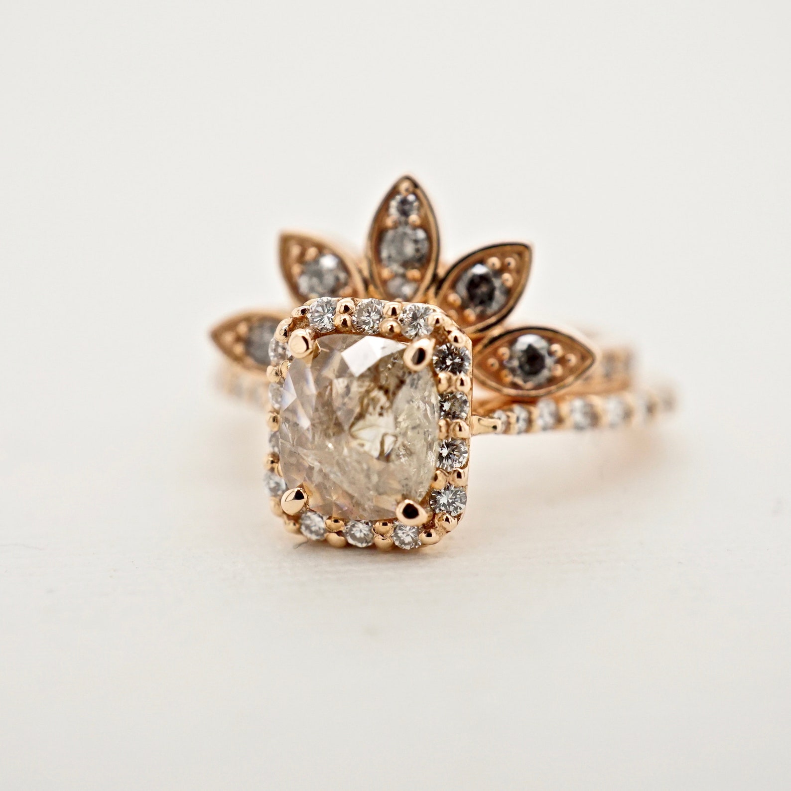 Rose Cut Diamond Engagement Ring Champagne Diamond Bridal Set - Etsy