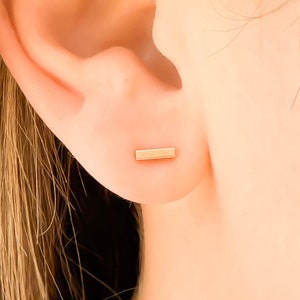 Solid 14K Gold Bar Stud Earrings, Dainty Gold Bar Earrings, Gold Stud ...