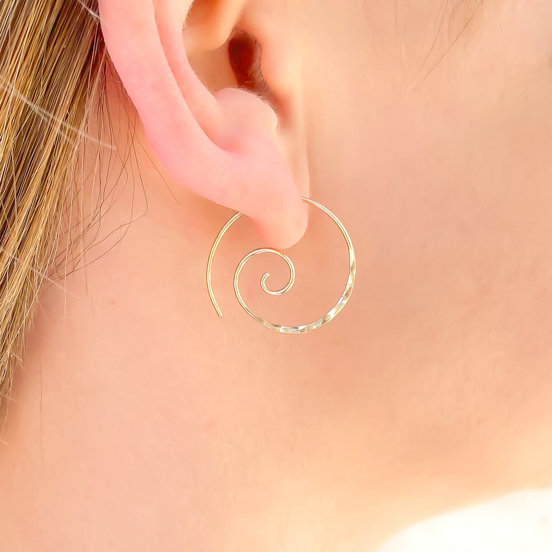 Hammered Gold Spiral of Life Earrings, 14K Gold Filled Threader Hoops, Pair 20 Gauge Dainty 3/4 ...