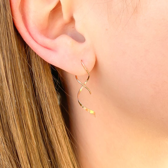 hoopsbyhand Solid 14K Gold Spiral Earrings Gold Dangle Earrings Gold Threader Earrings Gold Corkscrew Earrings 14K Gold Minimalist Earrings