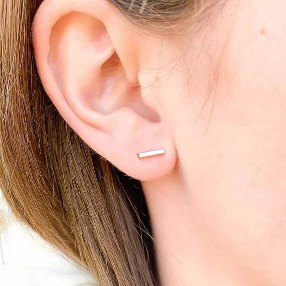 Solid 14K Gold Bar Stud Earrings Dainty Gold Bar Earrings - Etsy