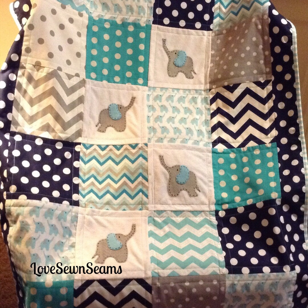 Elephant Quilt CRIB SIZE (38"x52") Aqua, Navy, Teal and Gray With Ultra ...