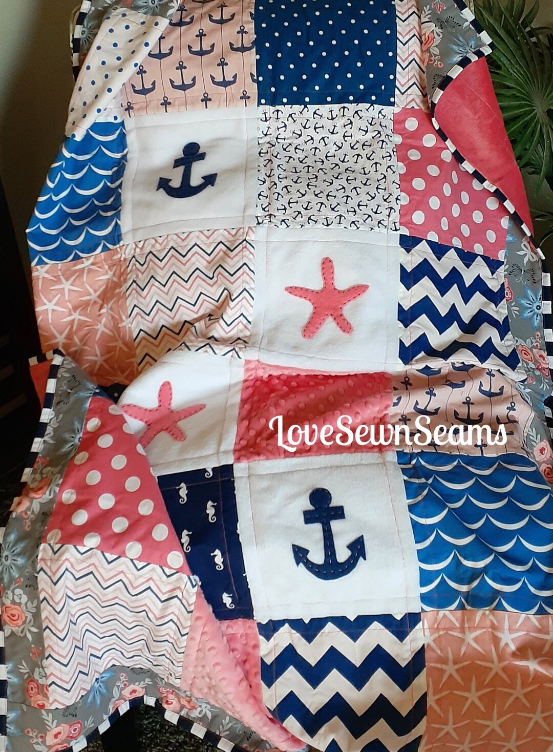 SHIPS Now/nautical Quilt/starfish Quilt/navy and Coral Quilt/modern ...