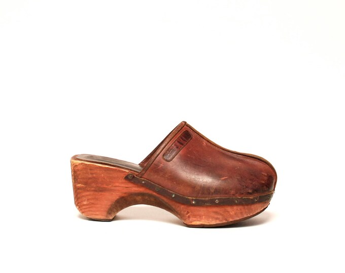 Vtg 70s CLOGS Brown Leather WOODEN PLATFORMS Size 10 - Etsy