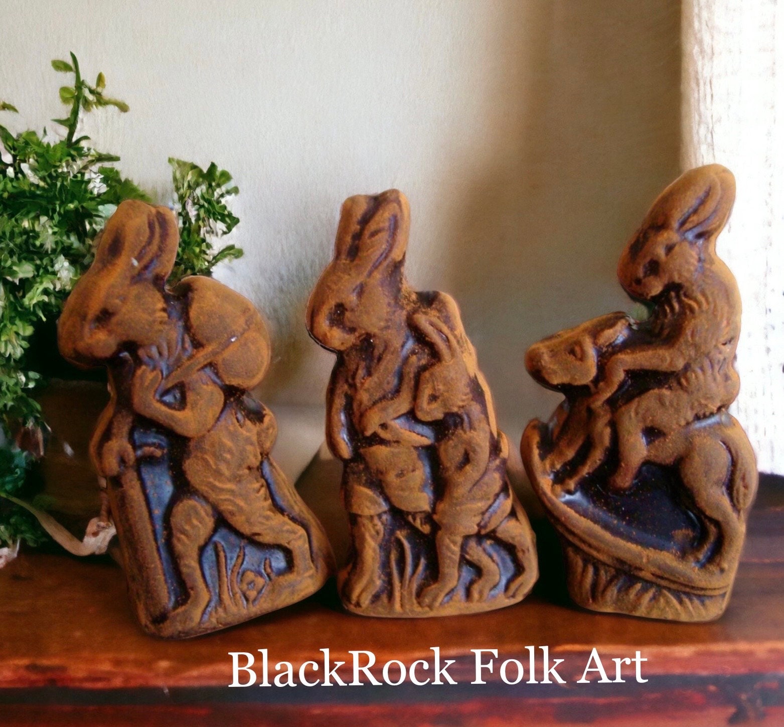 3 ANTIQUE BUNNY RABBIT Blackened Beeswax Farmhouse Primitive Chocolate ...
