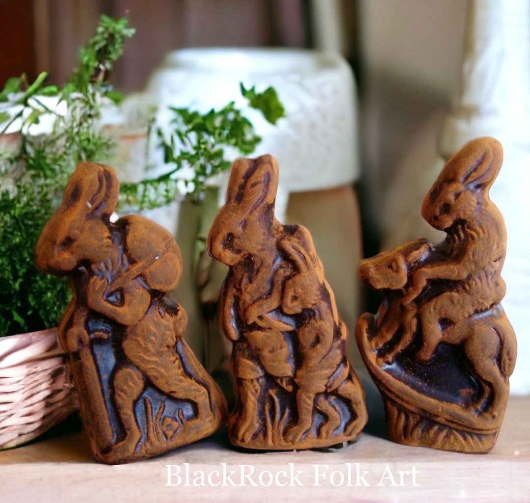 3 ANTIQUE BUNNY RABBIT Blackened Beeswax Farmhouse Primitive Chocolate ...