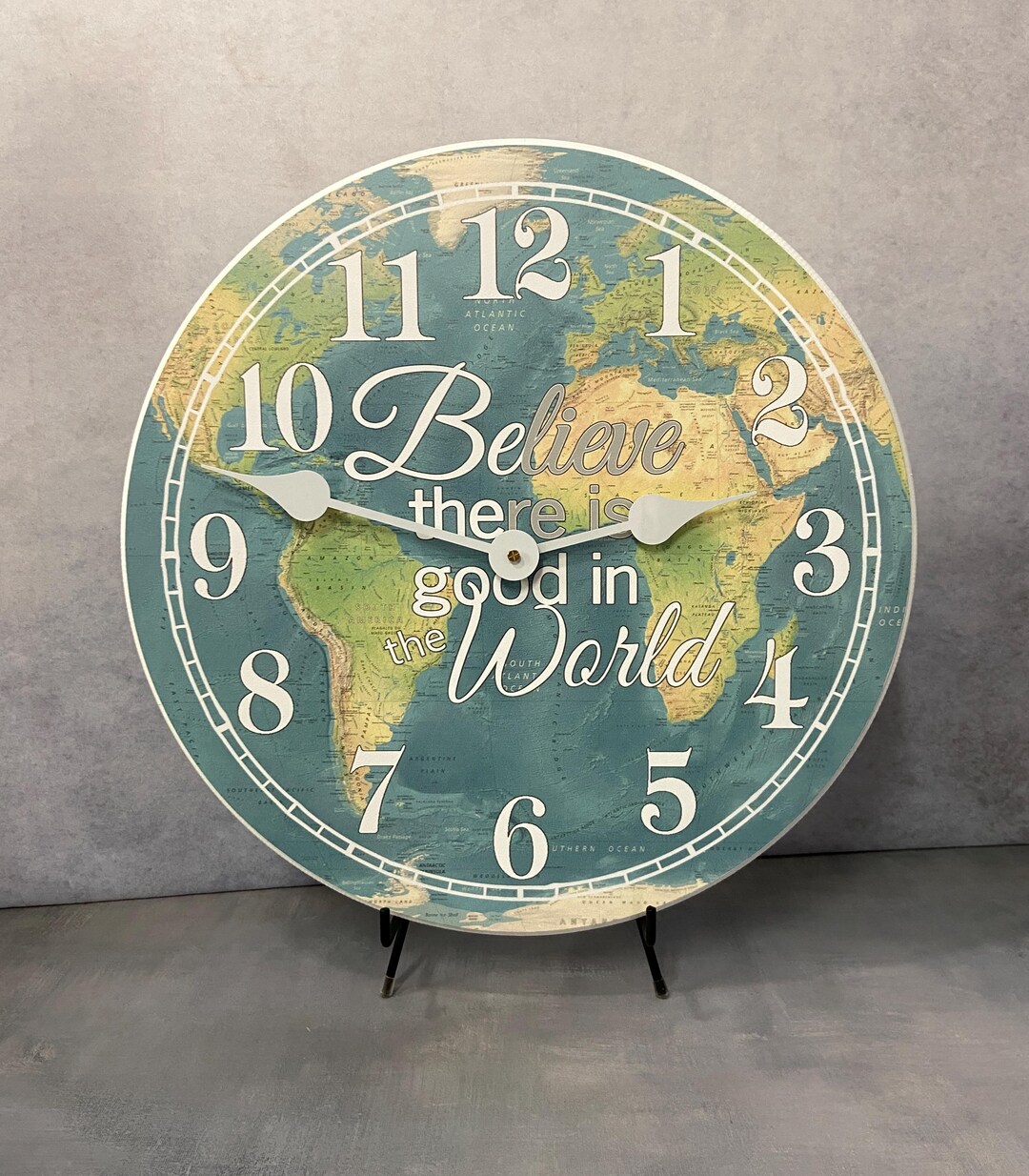 Believe in Good Map Wall Clock, 8 Sizes, Lifetime Warranty, Quiet, Non ...