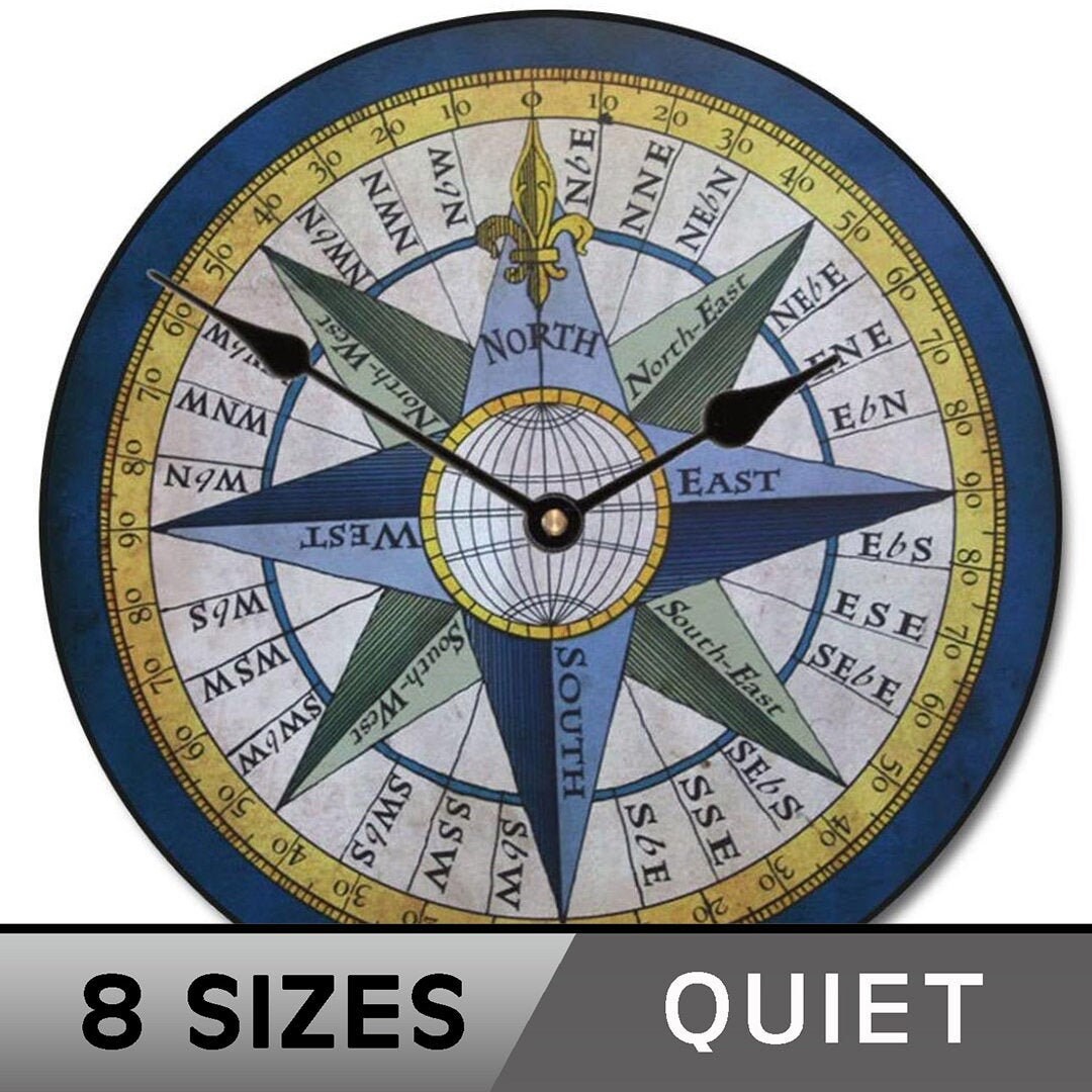 Compass Wall Clock Comes in 8 Sizes Extra Quiet Lifetime - Etsy